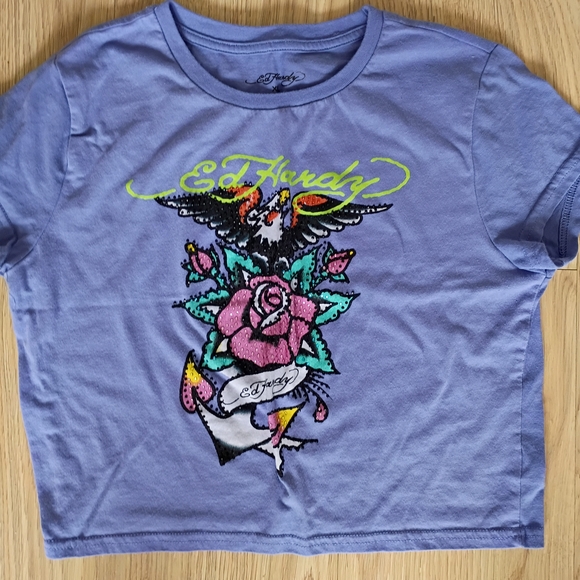 Ed Hardy | Tops | Ed Hardy Purple Crop Top With Graphic Design | Poshmark